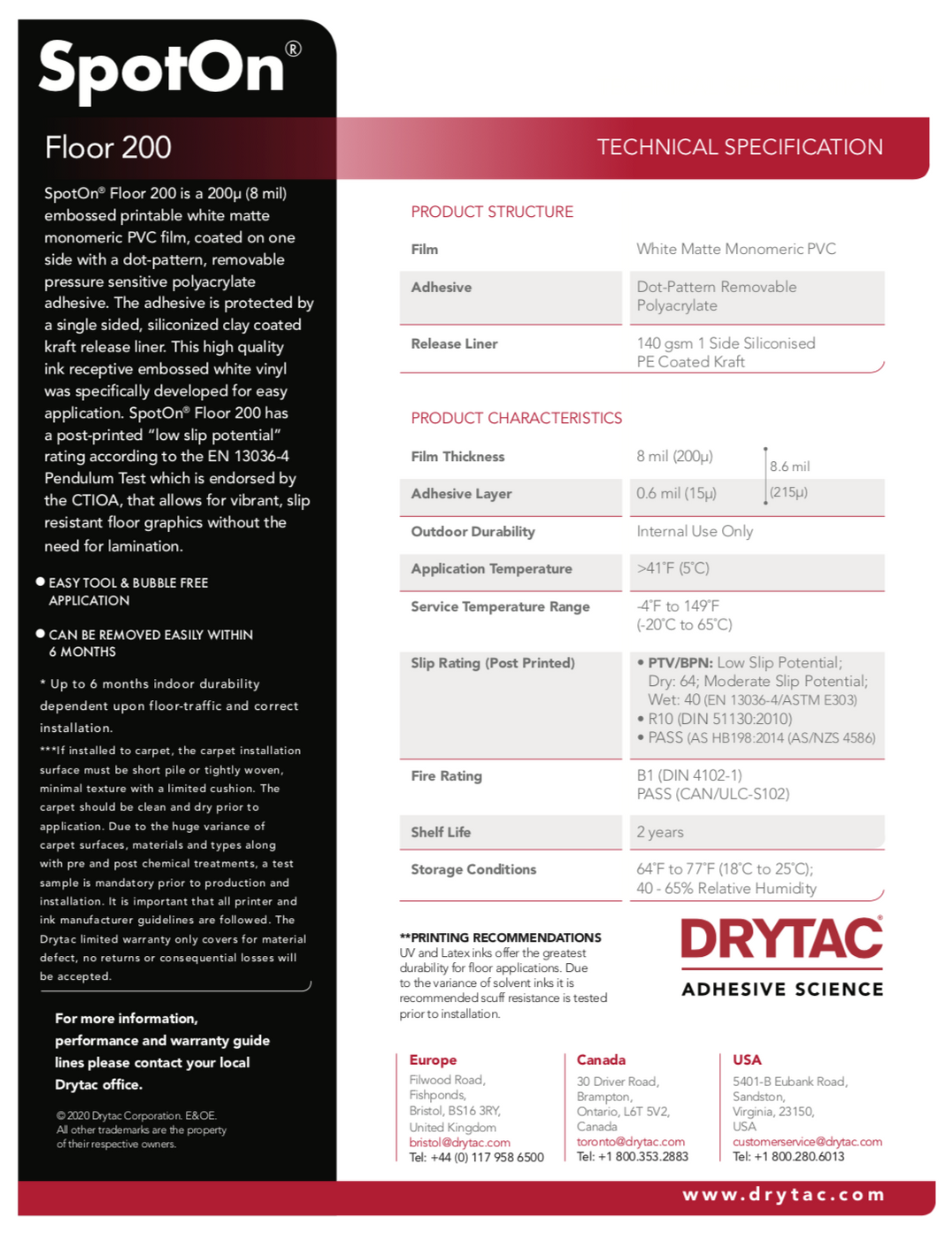 Drytac SpotOn Floor 200, Matte for Floor, 8mil — Premier Colour