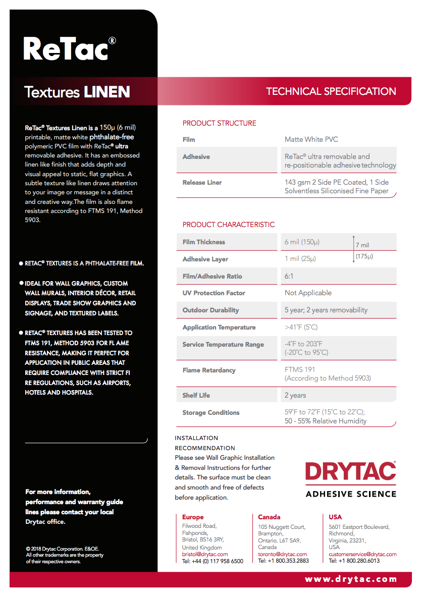 Drytac Retac Texture Vinyl for Wall, 6mil — Premier Colour
