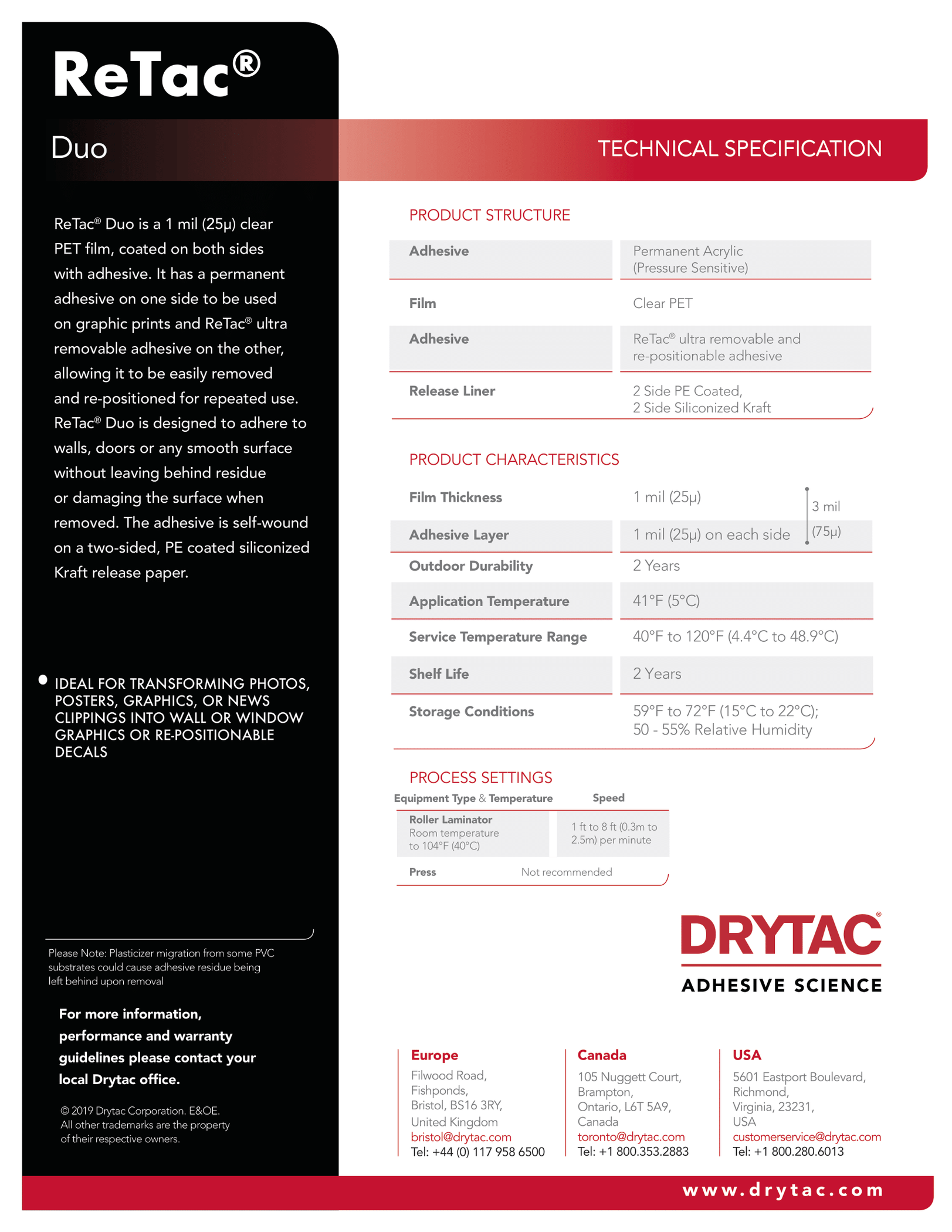 Drytac ReTac Duo Clear Double-sided Mounting Adhesive, 3mil, 16" x 150 ...